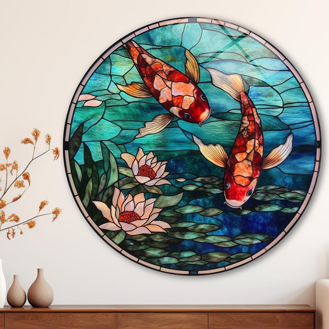Fish Wall Art, Koi Fish Stained Glass Wall Art, Round Koi Fish Tempered ...