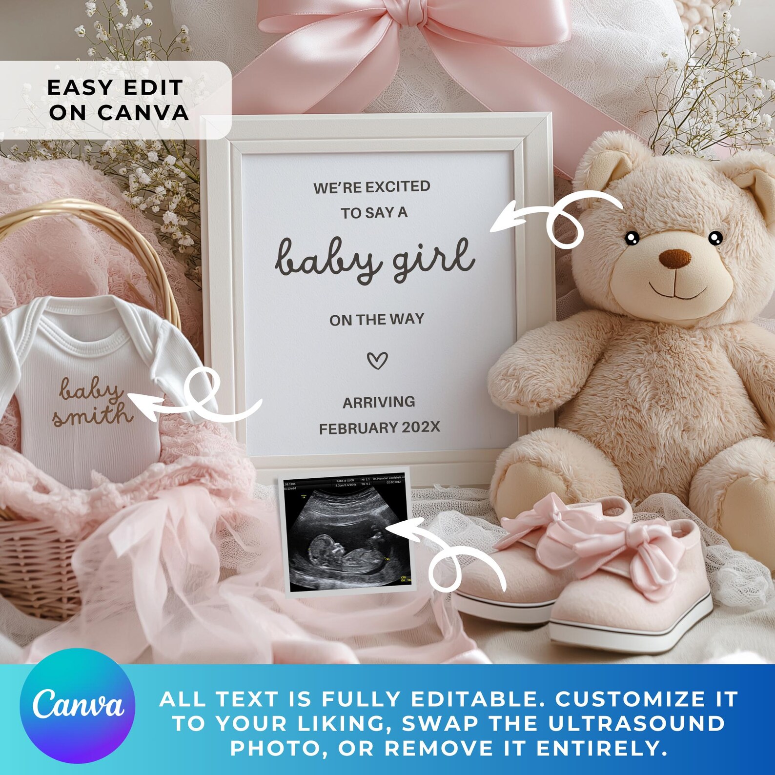 It’s a Girl Pregnancy Announcement Pink Ribbon Baby Reveal Digital ...