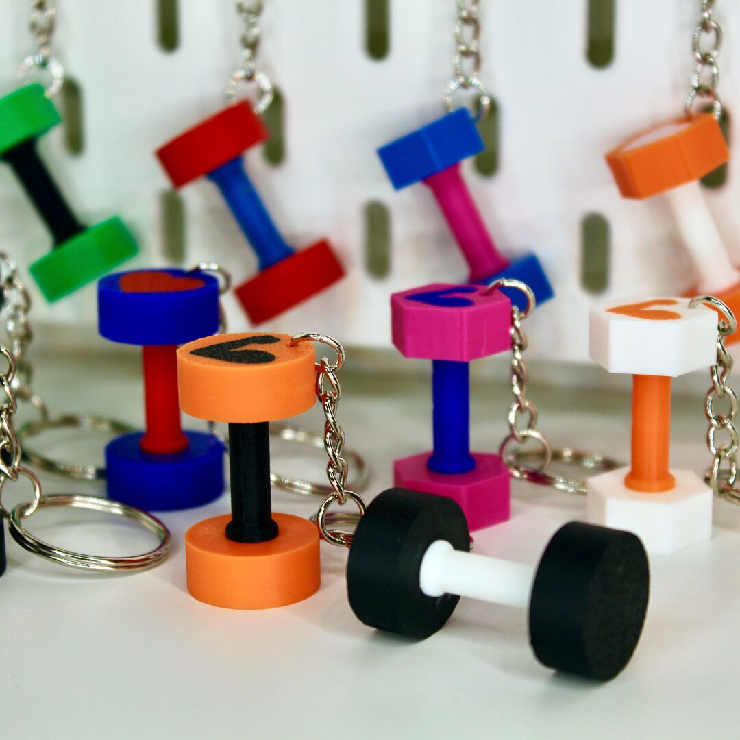 Dumbbell Key Ring, Round or Hexagonal, Customisable in Various Colours ...