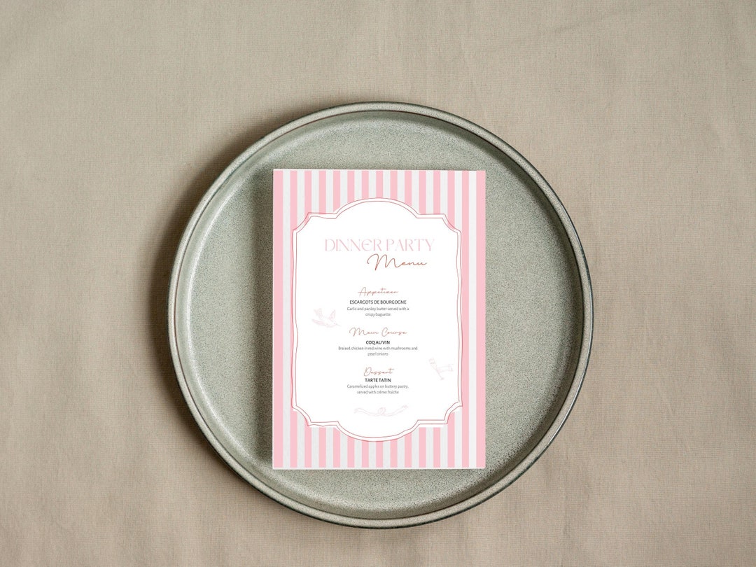 Pink Striped Menu Card Template. Valentines Menu. Galentines Menu ...