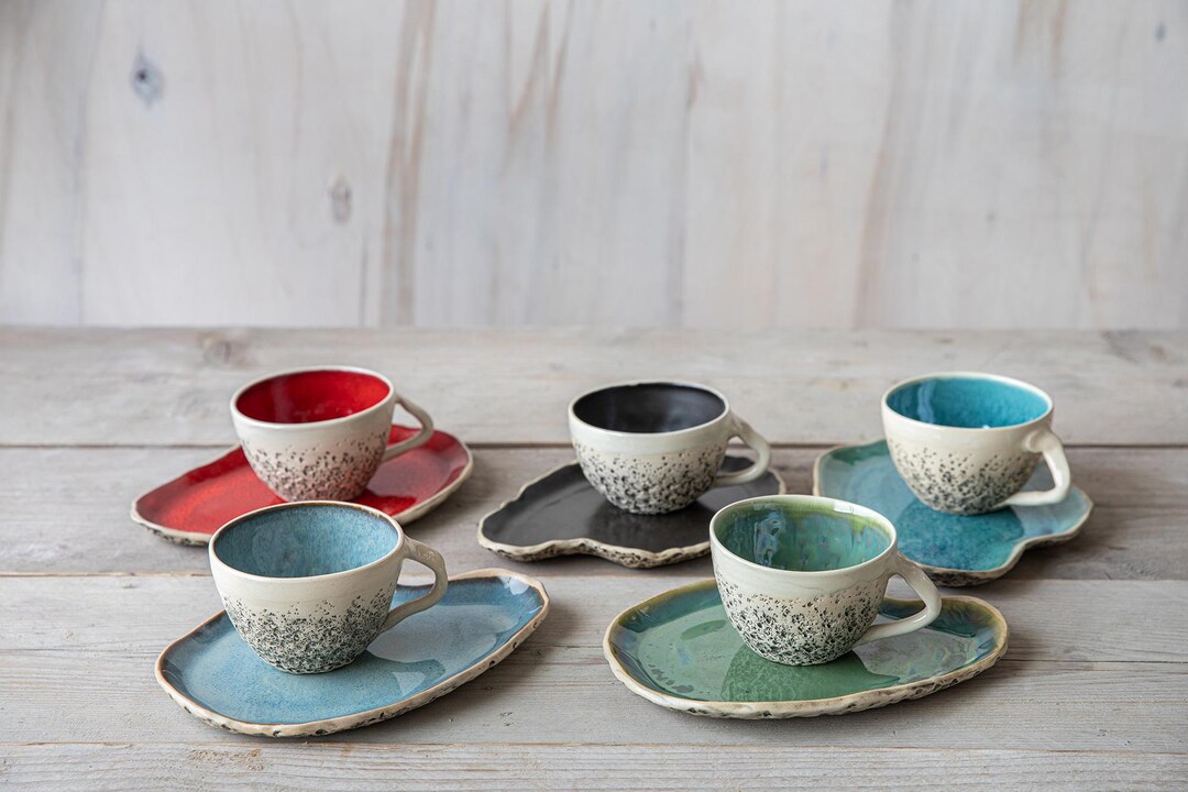 4 Ceramic Tea Cups With Large Saucers Handmade Cappuccino Cups - Etsy