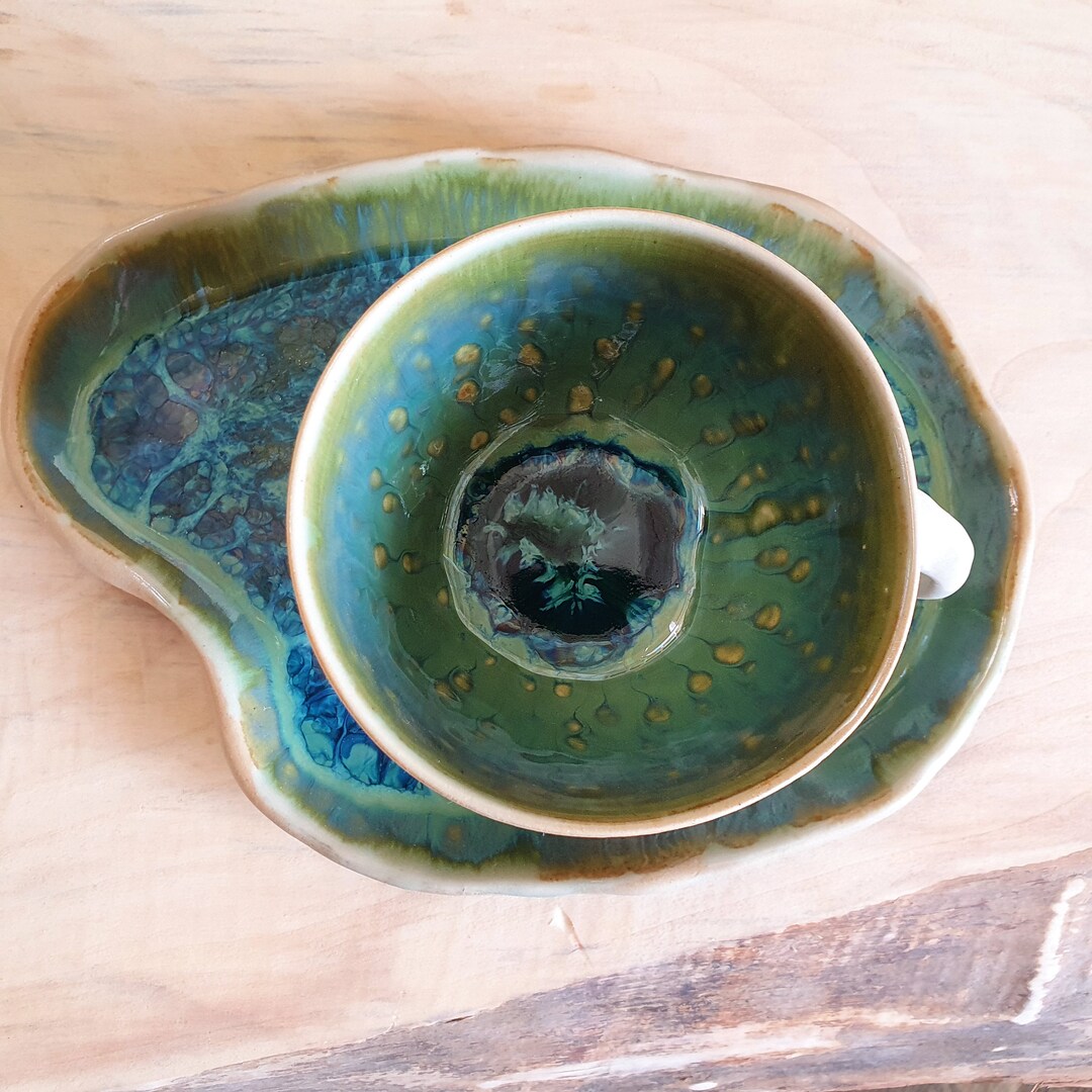 Green Rustic Tea Cup With Saucer Stoneware Cappuccino Cup - Etsy