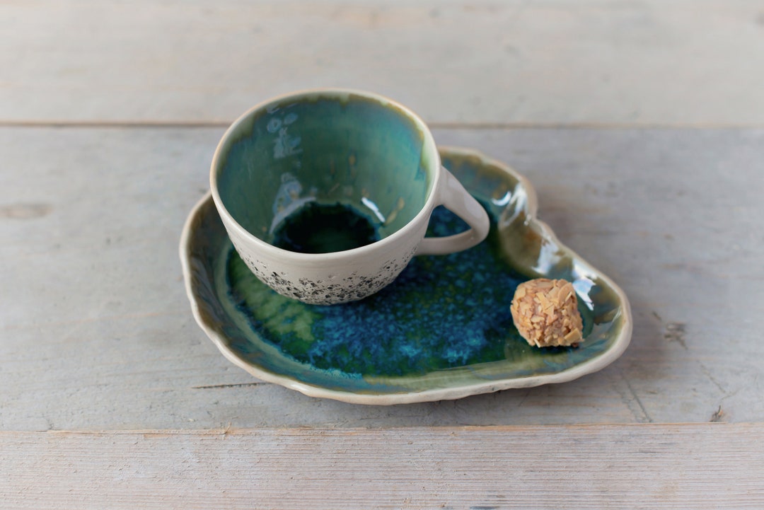 Turquoise Tea Cup With Saucer Stoneware Cup Handmade Cup - Etsy
