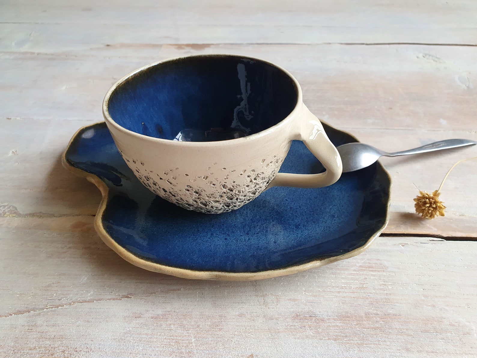 Blue cappuccino cup with saucer Wheelthrown teacup | Etsy