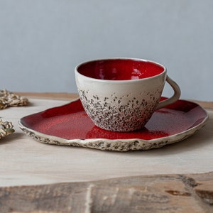 Red Tea Cup With Saucer Organic Shaped Ceramics Handmade Stoneware Cup ...