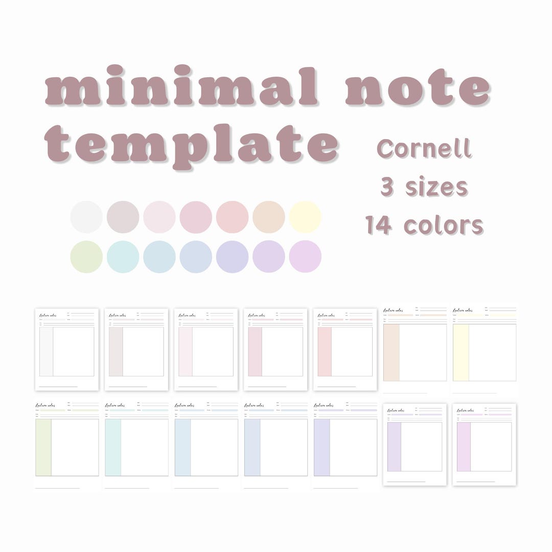 Minimal Cornell Note Template 14 Colors A4, A5, and US Letter Instant ...