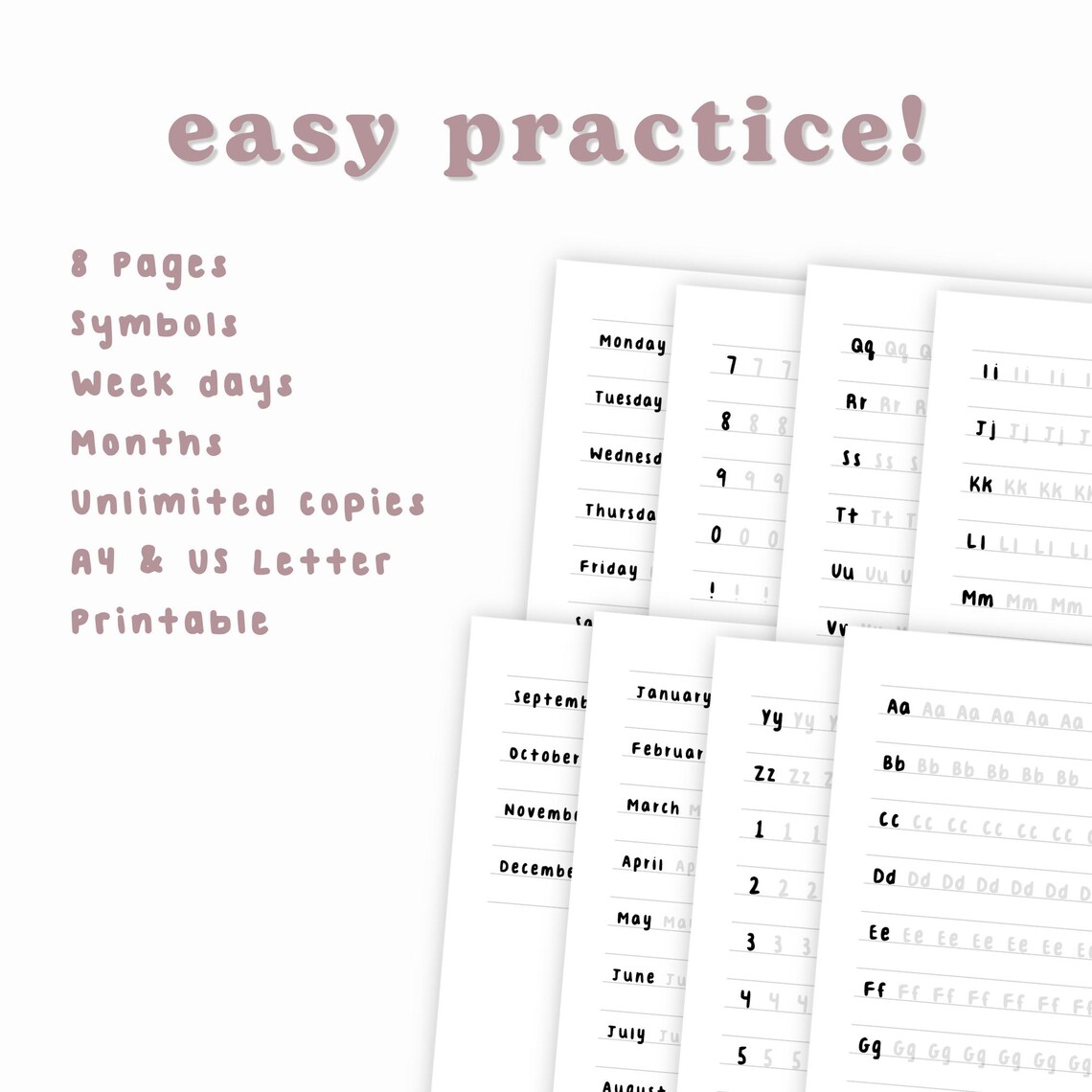 Printable Handwriting Practice Sheets 8 Pages of Cute Font Practice ...