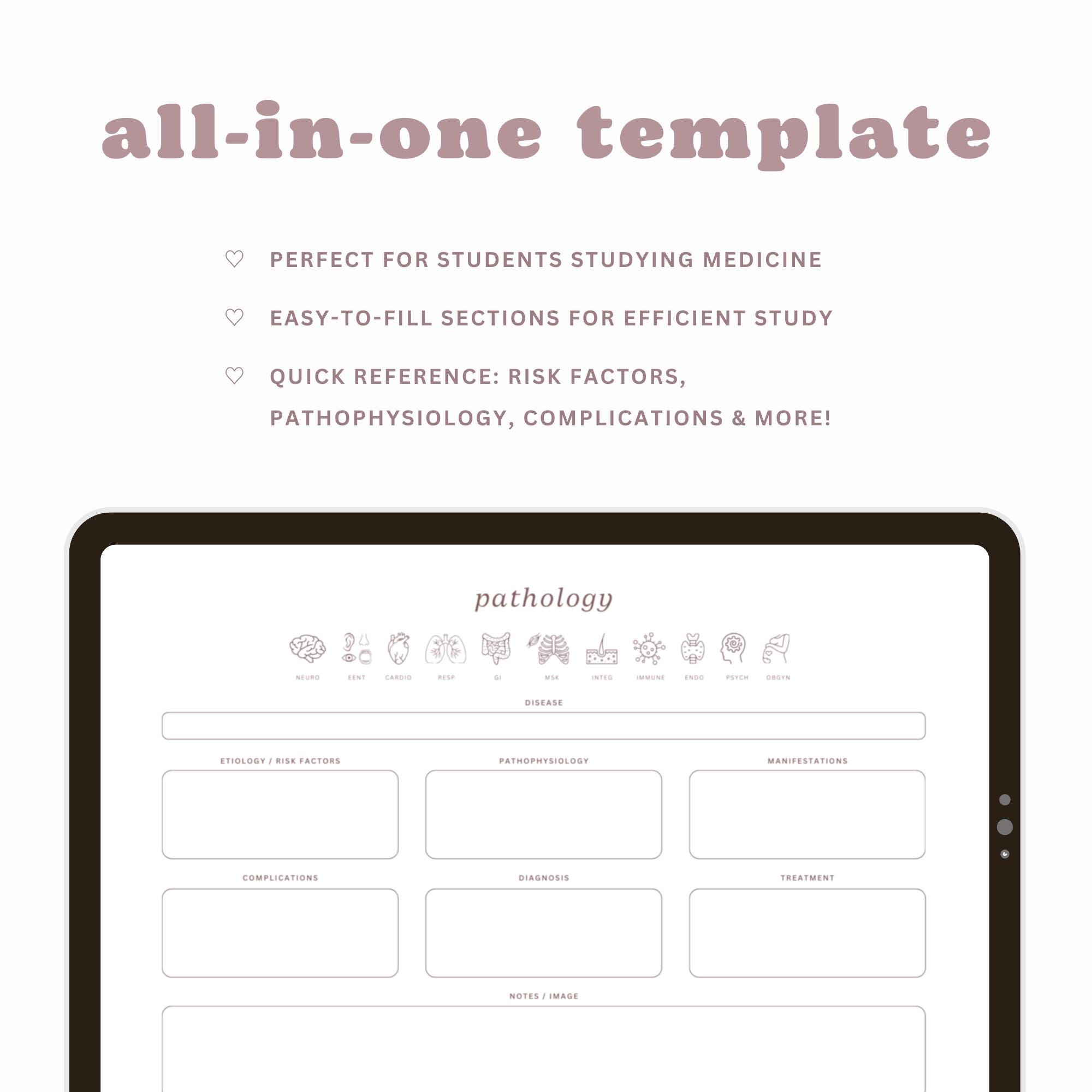Pathology Note-taking Template | Disease Pathophysiology Reference ...
