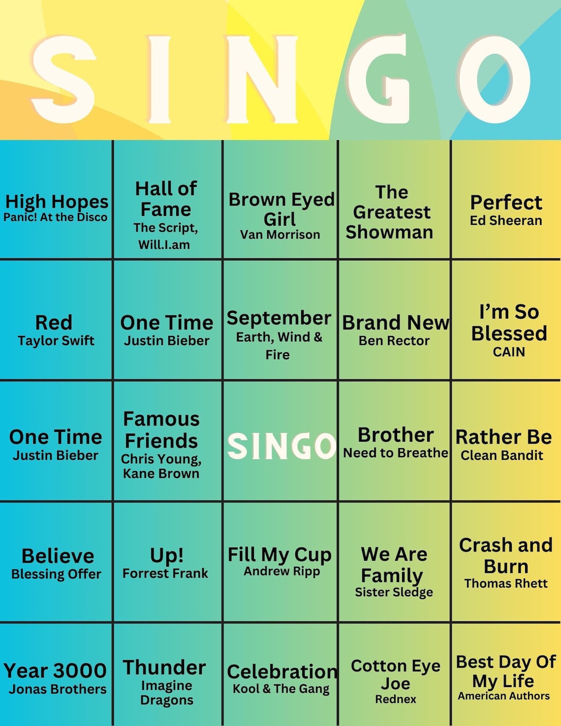 SINGO! A Version of Bingo, but With Songs! Template & Playlist Included ...