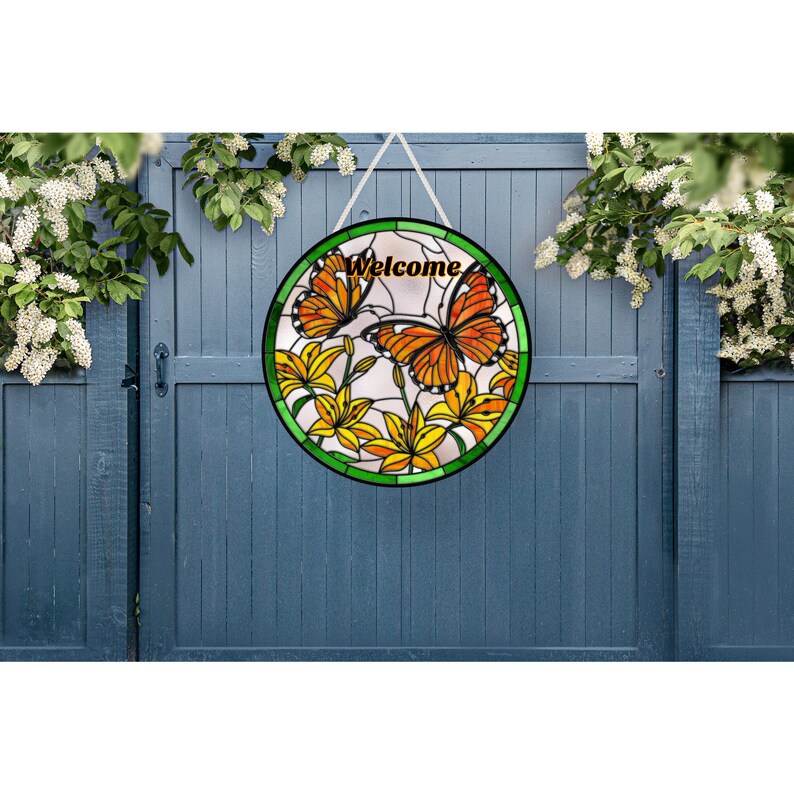 Monarch Butterfly Faux Stained Glass Personalized Door Sign, Metal ...