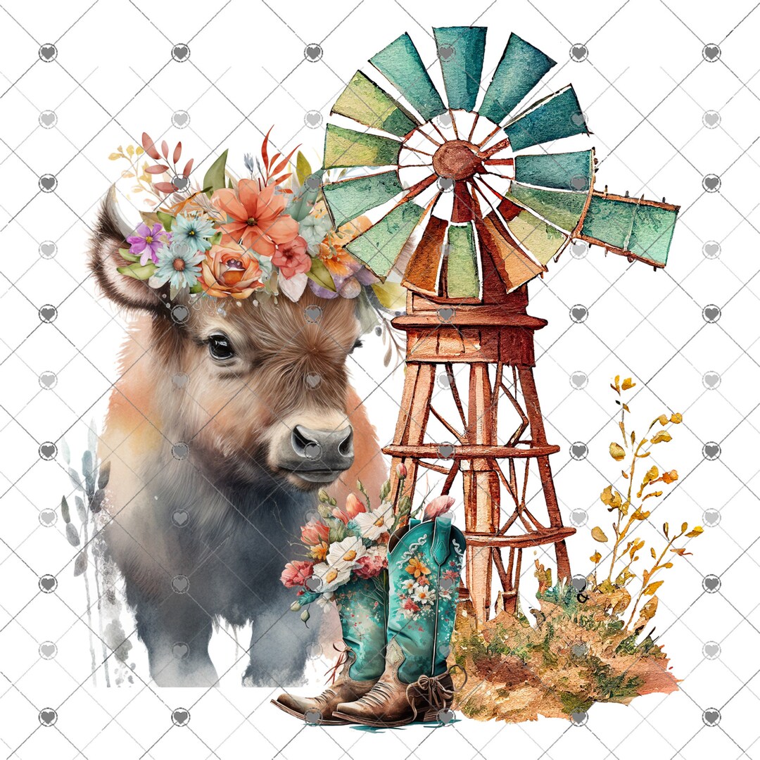 Highland Cow Windmill Sublimation Transfer, Cows, Farm, Heifer, Cows ...