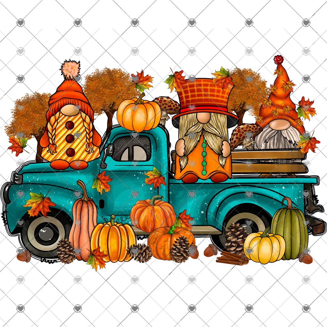 Fall Gnome Teal Truck Sublimation Transfer, Ready to Press, Autumn ...