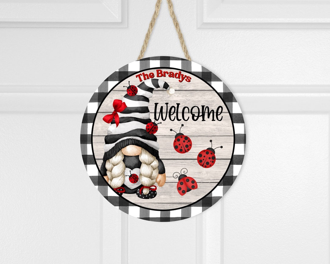 Ladybug Gnome Personalized Door Sign, Metal Wreath Center Sign ...