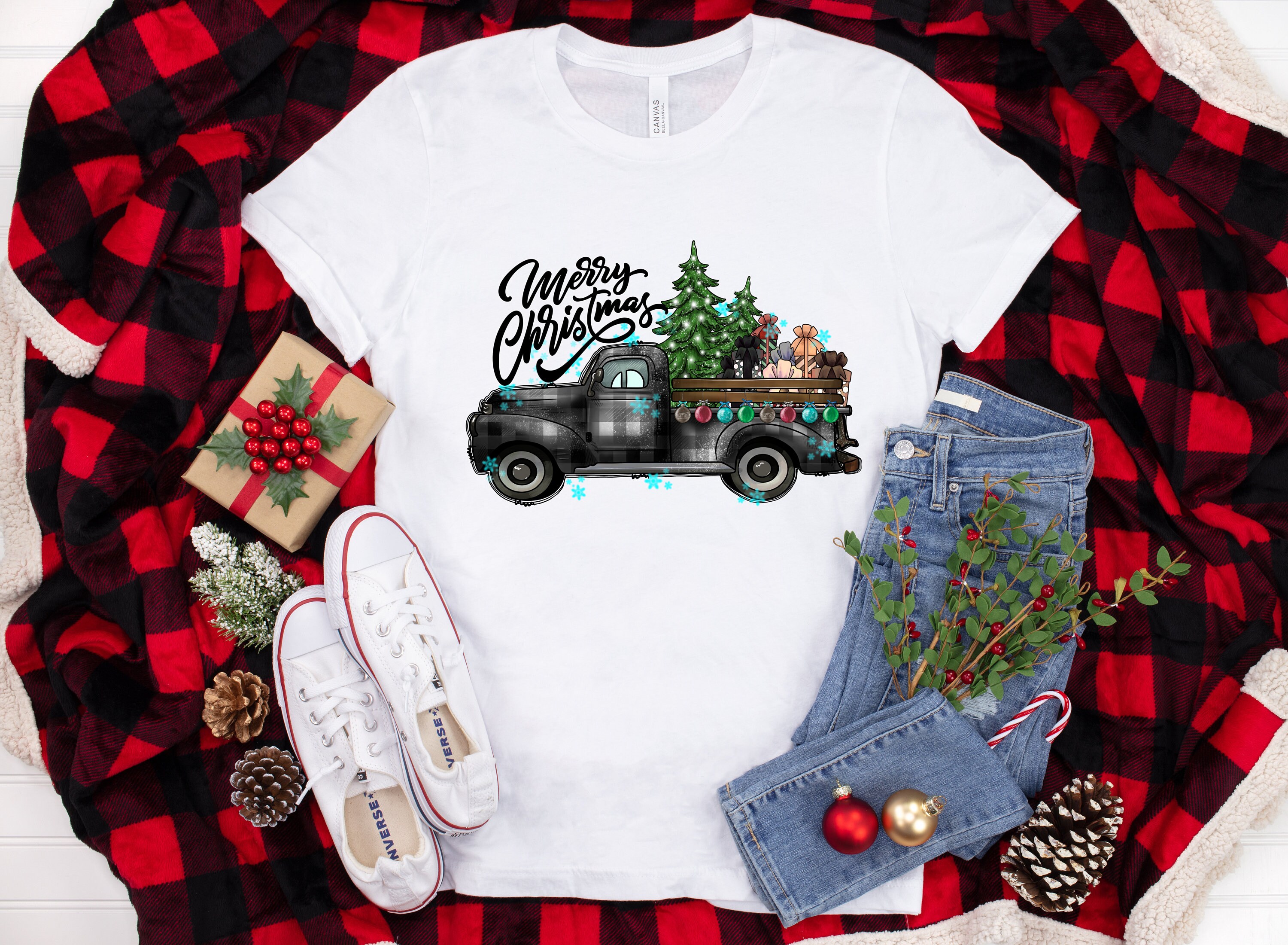 Merry Christmas Truck Sublimation Transfer, Ready to Press, Tree, Gifts ...