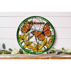 Monarch Butterfly Faux Stained Glass Personalized Door Sign, Metal ...