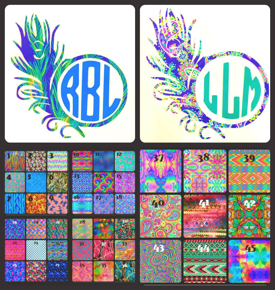 Feather Monogram Decal Peacock Feather Sticker Monogram | Etsy