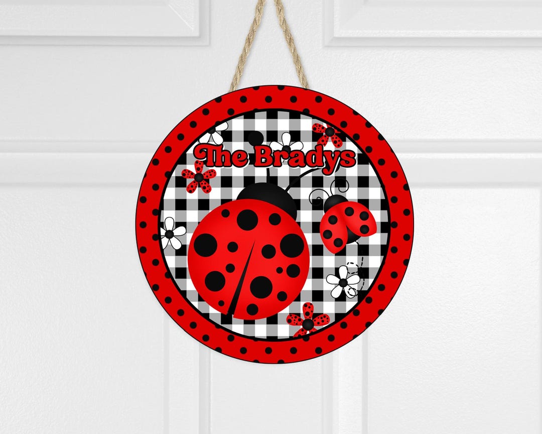 Ladybug Plaid Personalized Door Sign, Metal Wreath Center Sign ...