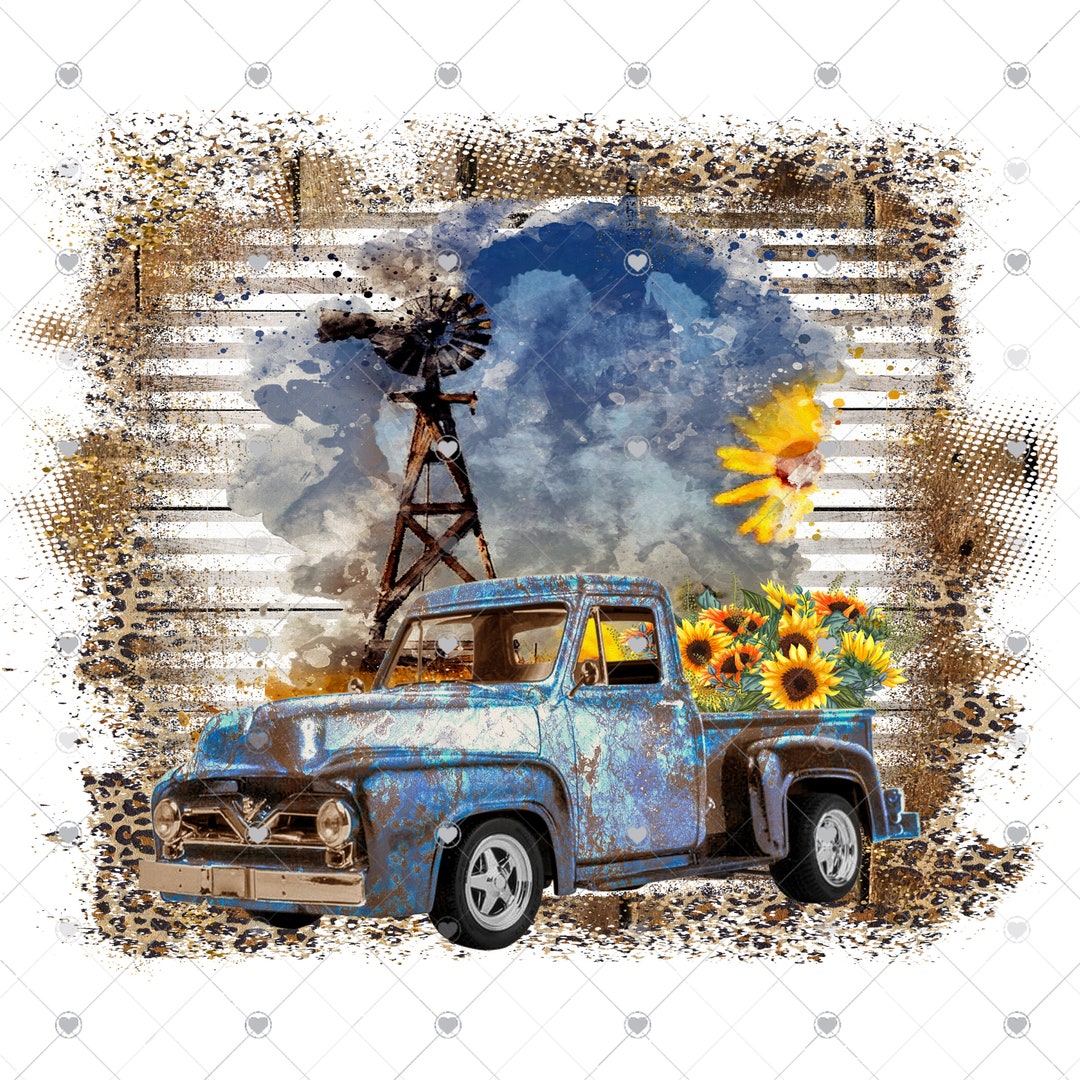 Windmill Vintage Truck Sunflowers Sublimation Transfer, Farm ...