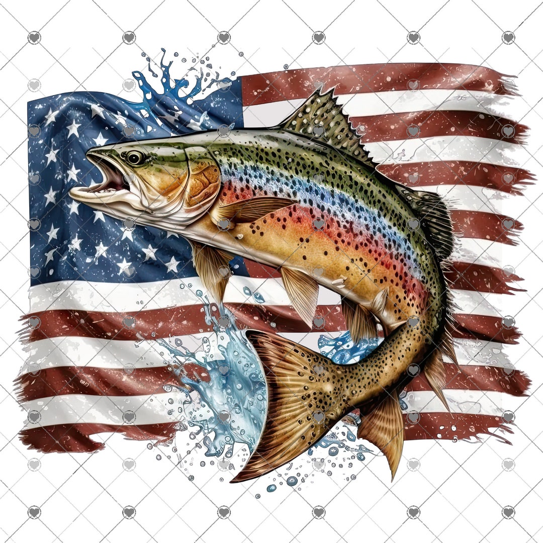 Trout Fishing American Flag Sublimation Transfer - Fish, Ready to Press ...