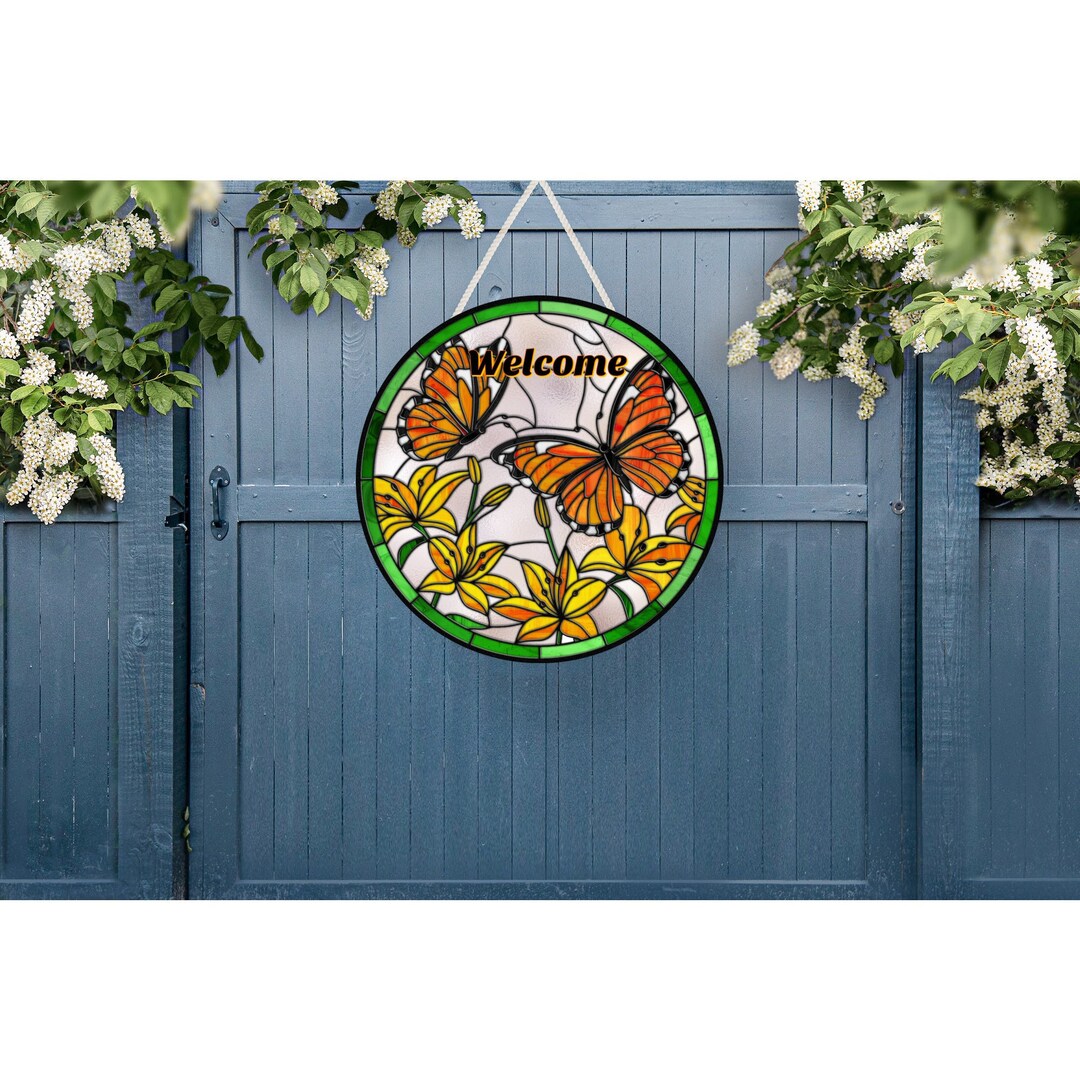 Monarch Butterfly Faux Stained Glass Personalized Door Sign, Metal ...