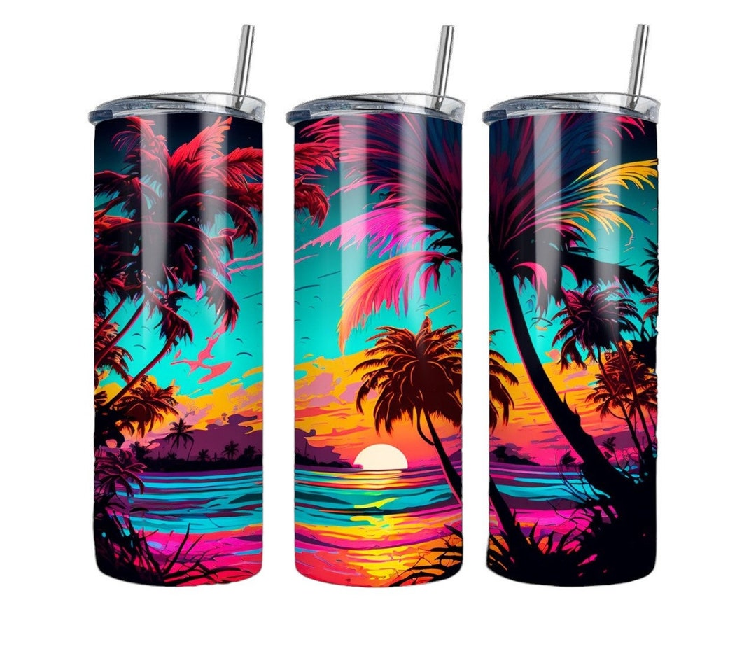 Summer Beach Sunset Tumbler Wrap Sublimation Transfer, Palm Trees Ocean ...