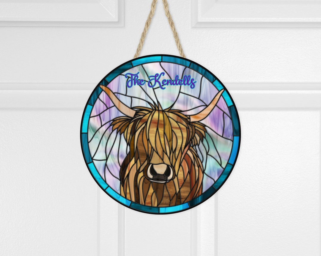 Highland Cow Faux Stained Glass Personalized Door Sign, Metal Wreath ...