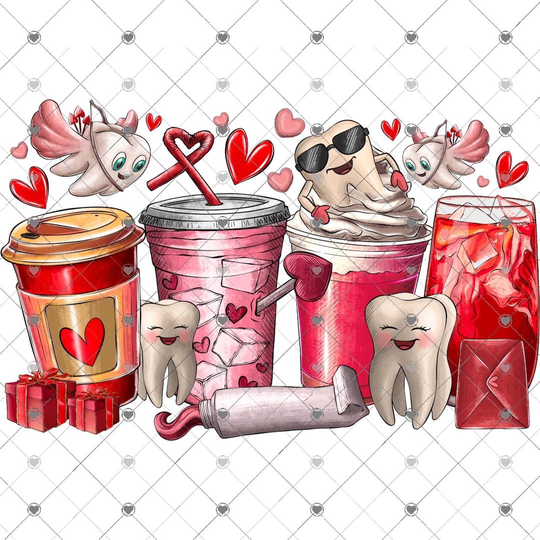 Valentine Tooth Coffee Drink Dental Ready to Press Sublimation Transfer ...
