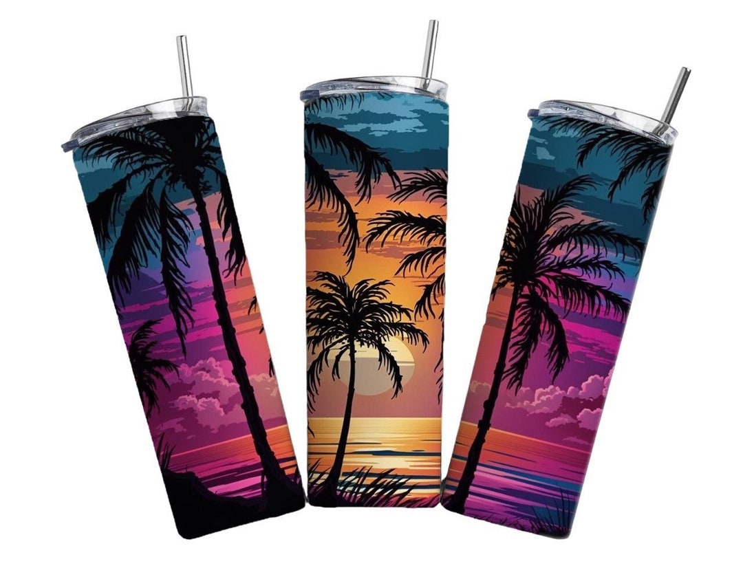 Summer Beach Sunset Tumbler Wrap Sublimation Transfer, Palm Trees Ocean ...