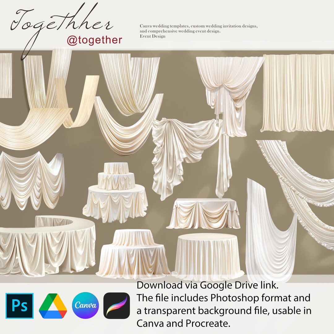 Cream Draped Fabric Canva Template, Wedding Drapery Overlay Set ...