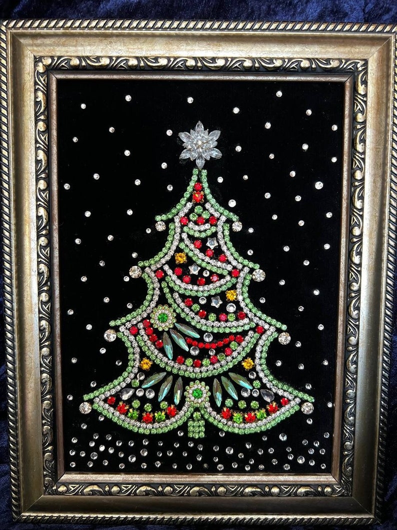 Framed Christmas Tree With Shimmering Rhinestones on Velvet Unique ...