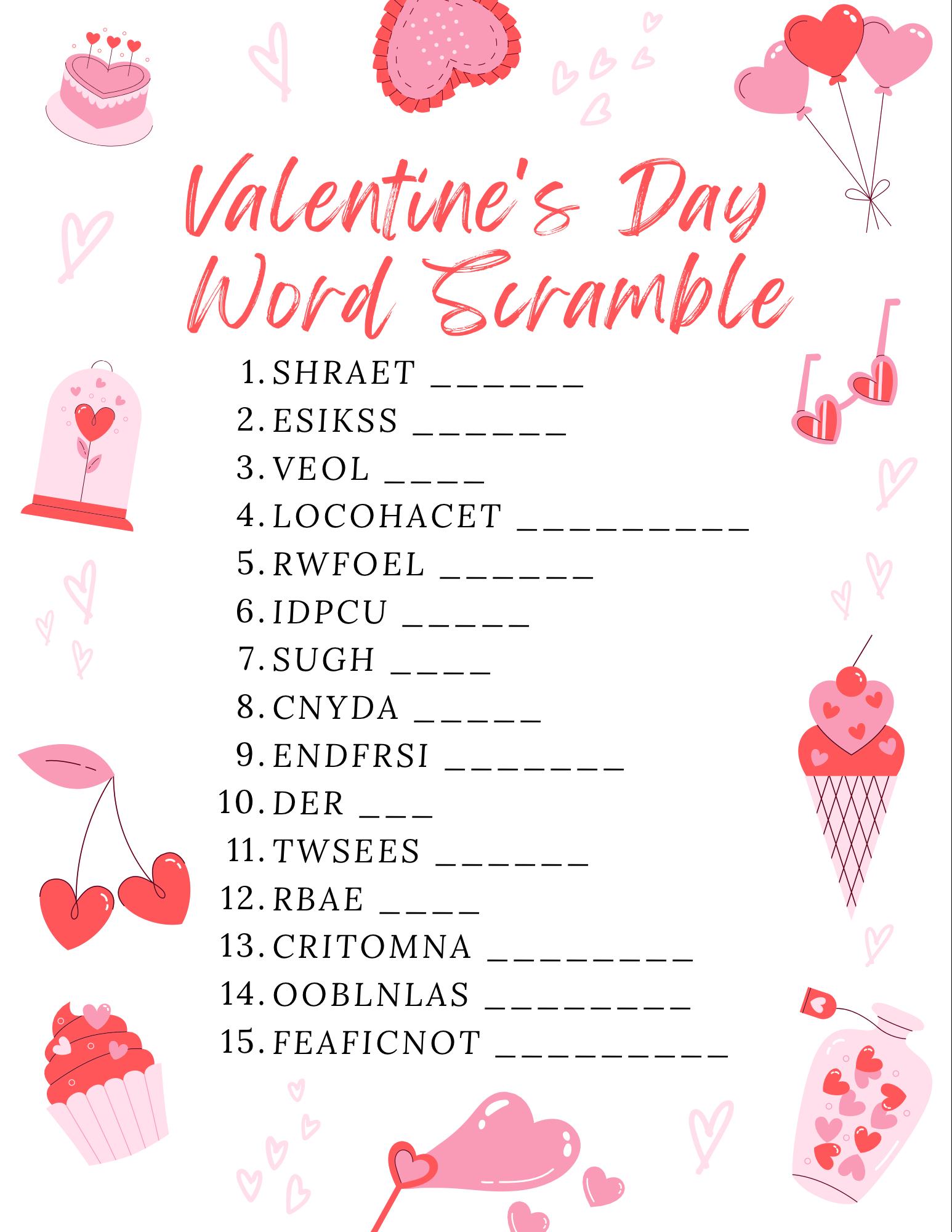 Valentine’s Day Word Scramble - Etsy