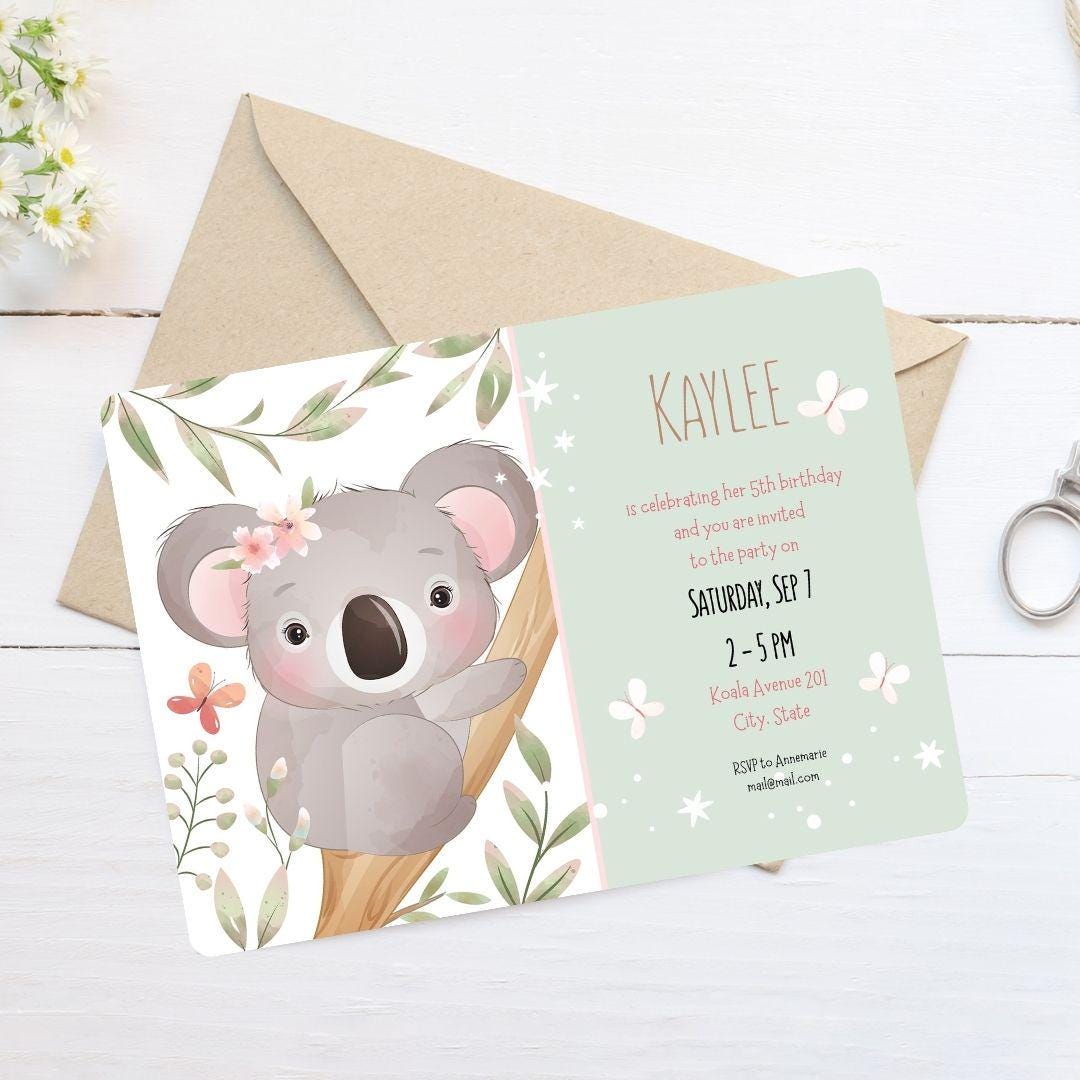 Koala Birthday - Koala Invitation - Birthday Invitation Girls ...