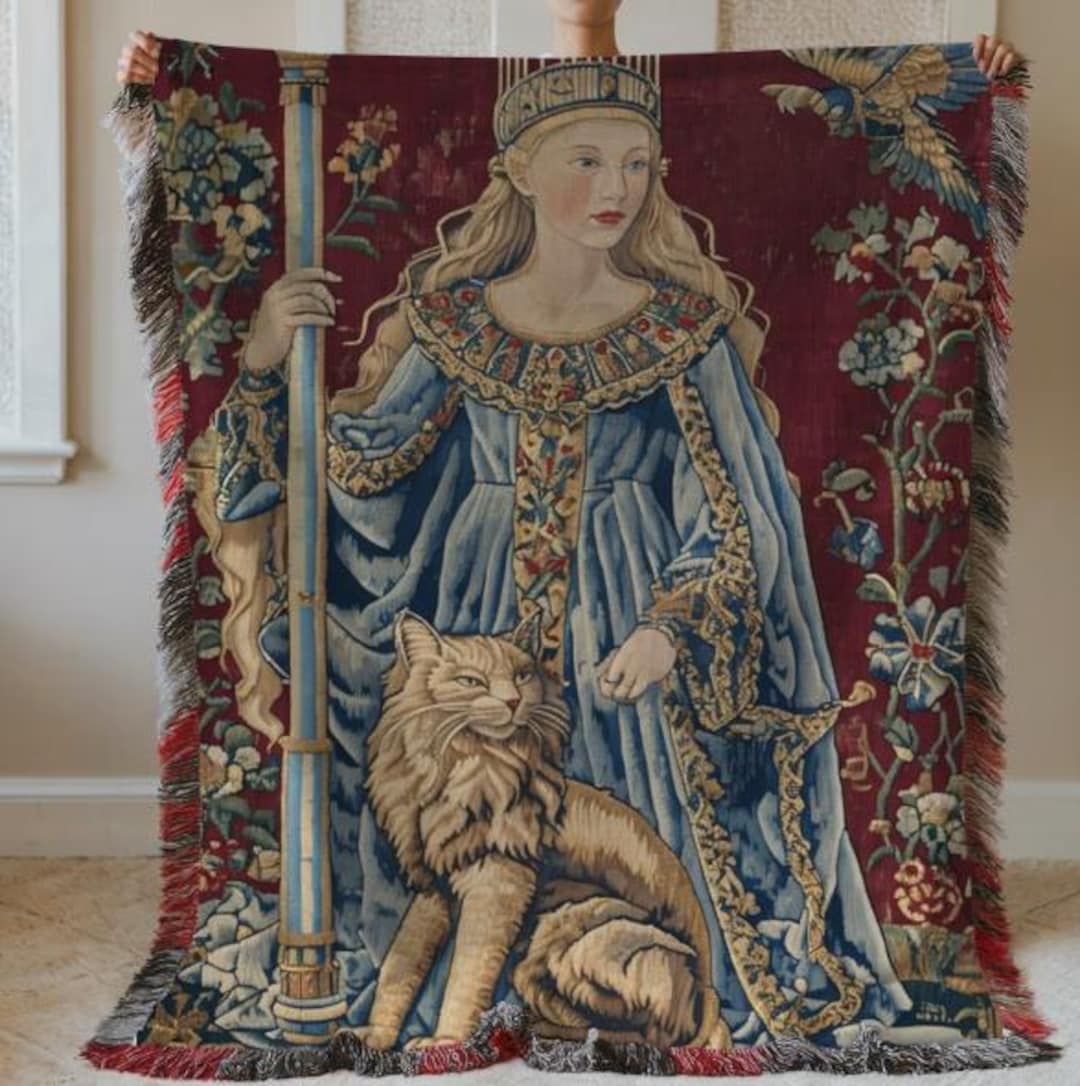 Medieval Woven Blanket Elegant Queen and Majestic Cat Tapestry Throw ...