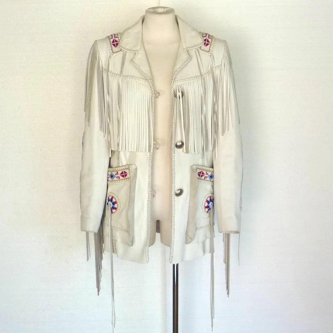 Native American Traditional Western White Cowboy Leather Jacket Coat ...