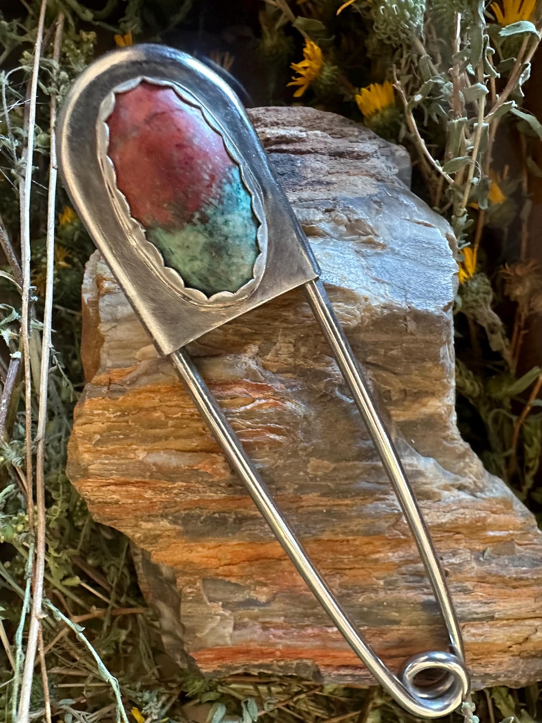 Decorative Jumbo Turquoise Safety Pin , Shawl Pin, Sweater Pin, Belt ...