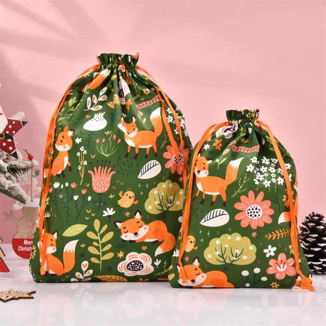 NEW! S/M/L Fox and Plant Gift Bag, Green Drawstring Storage Bag ...