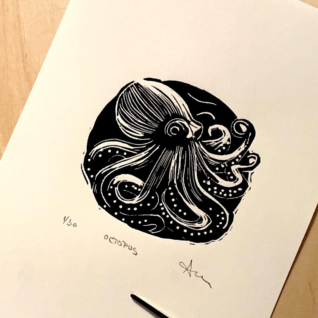 Linocut Octopus Black Print Oops Octopus Handprinted Original Wall Art ...