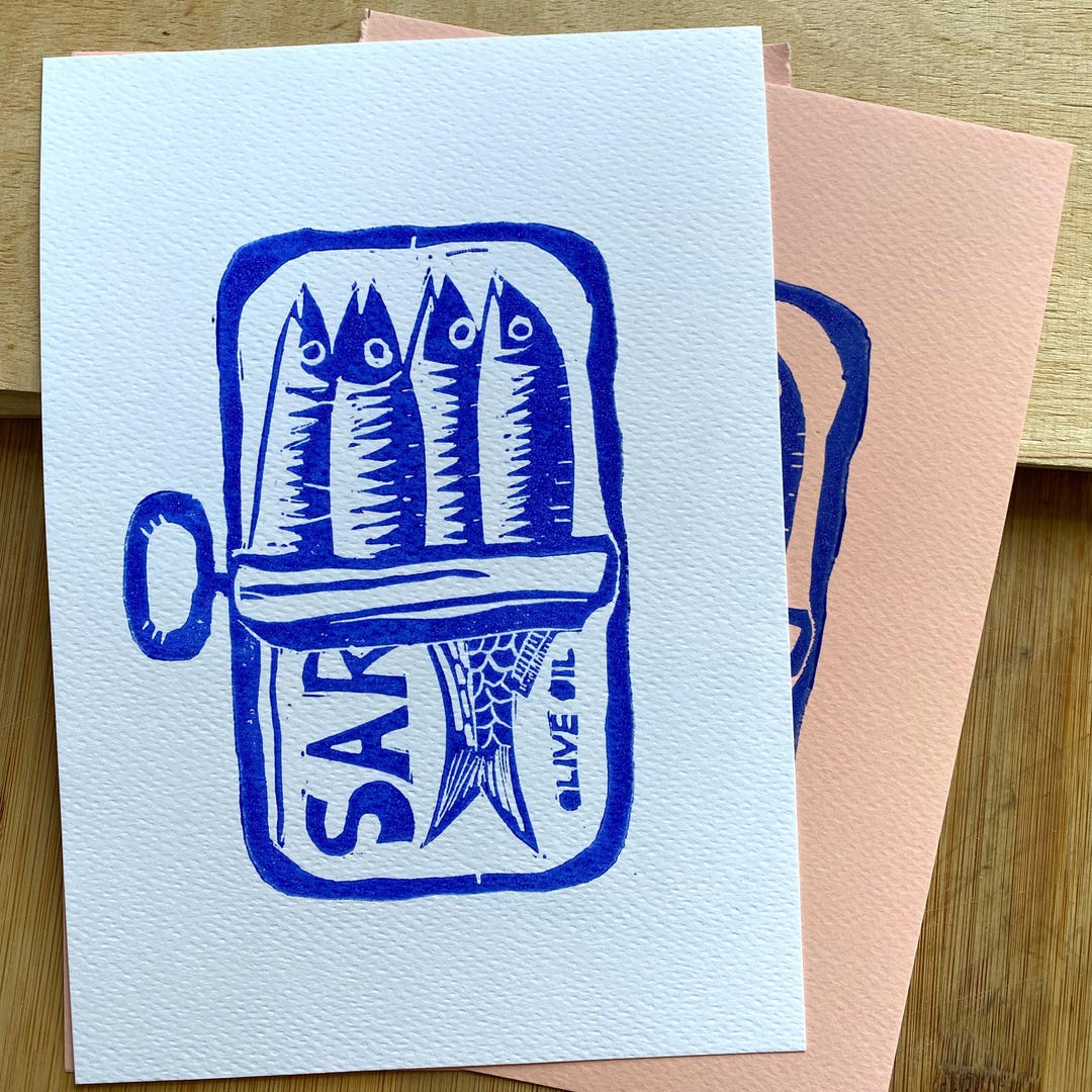 Sardines Can Linocut Print Blue Kitchen Art Vintage Seafood Poster ...