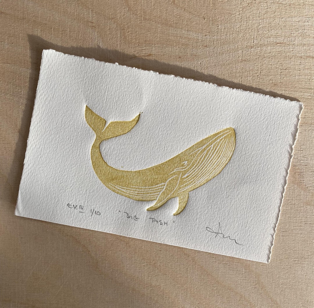 Lino Cut Print Gold Whale Orka Fish Handprinted Original Wall Art ...