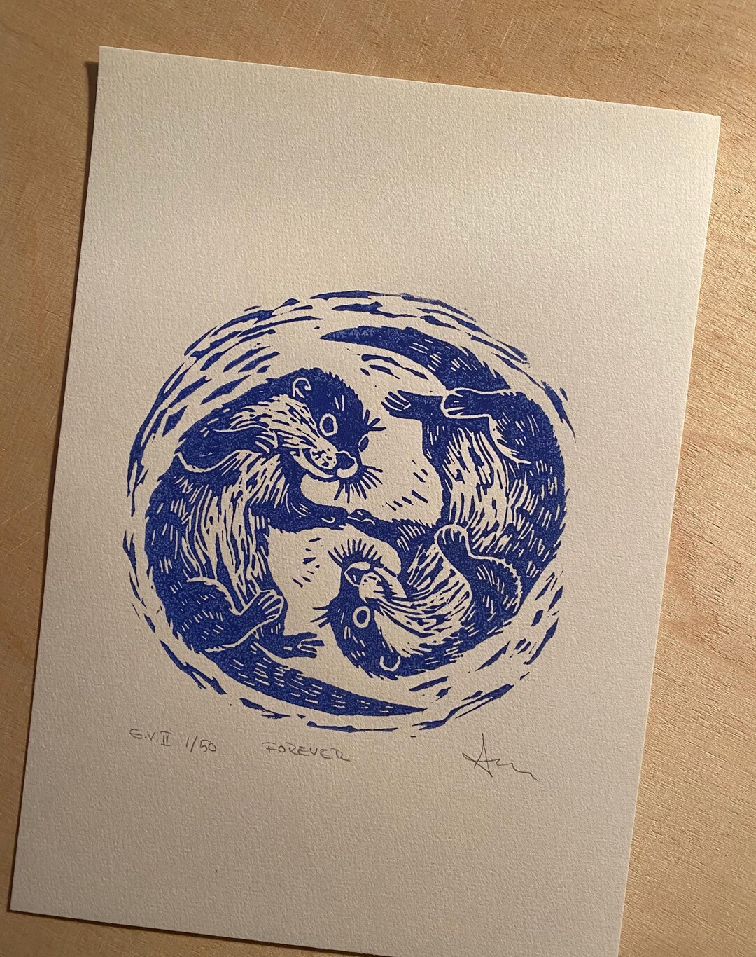 Otters Blue Linocut Print Limited Edition Linoprint Letterpress ...