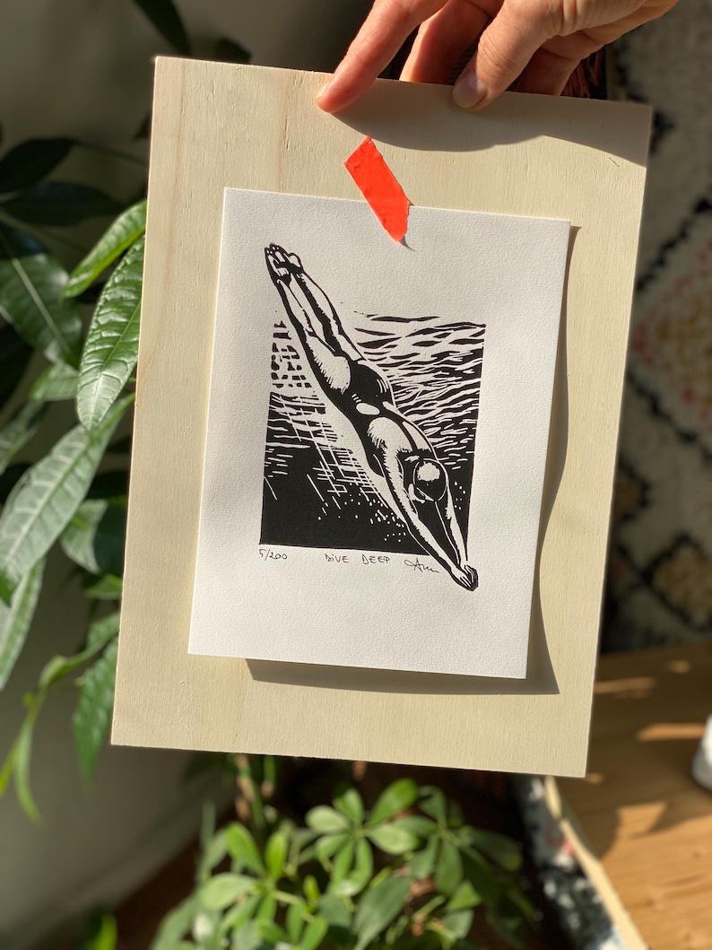 Lino Cut Open Sea Diver Wild Swimming Handprinted Fine Art Print ...