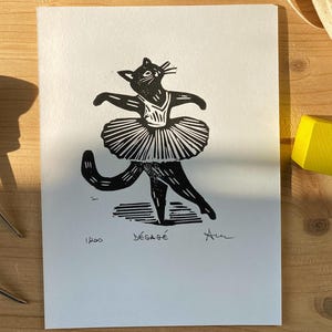 Lino Cut Print Cat in Tutu Ballet Pose | Handmade Art | Edition Art ...