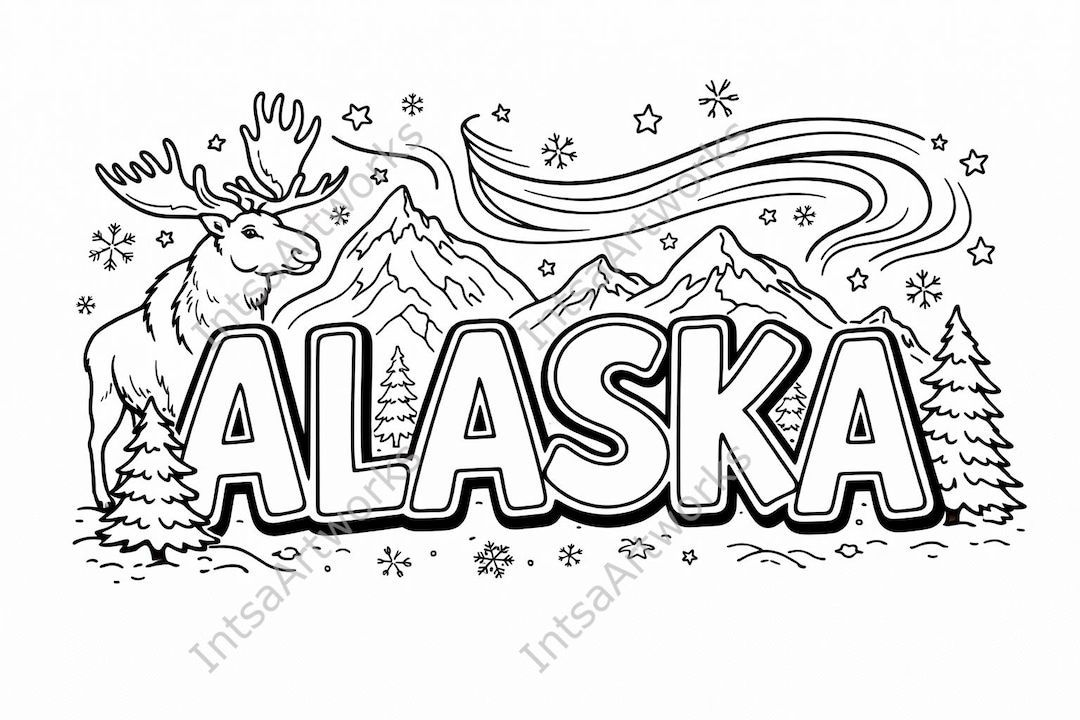 Alaska Coloring Pages for Kids – State Map, Symbols, Landmarks (digital ...