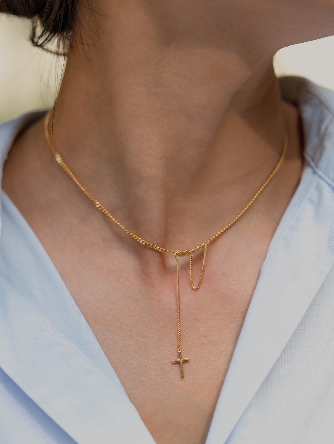 Dainty Cross Y Necklace, Minimalist Curb Chain, Unique Christian ...