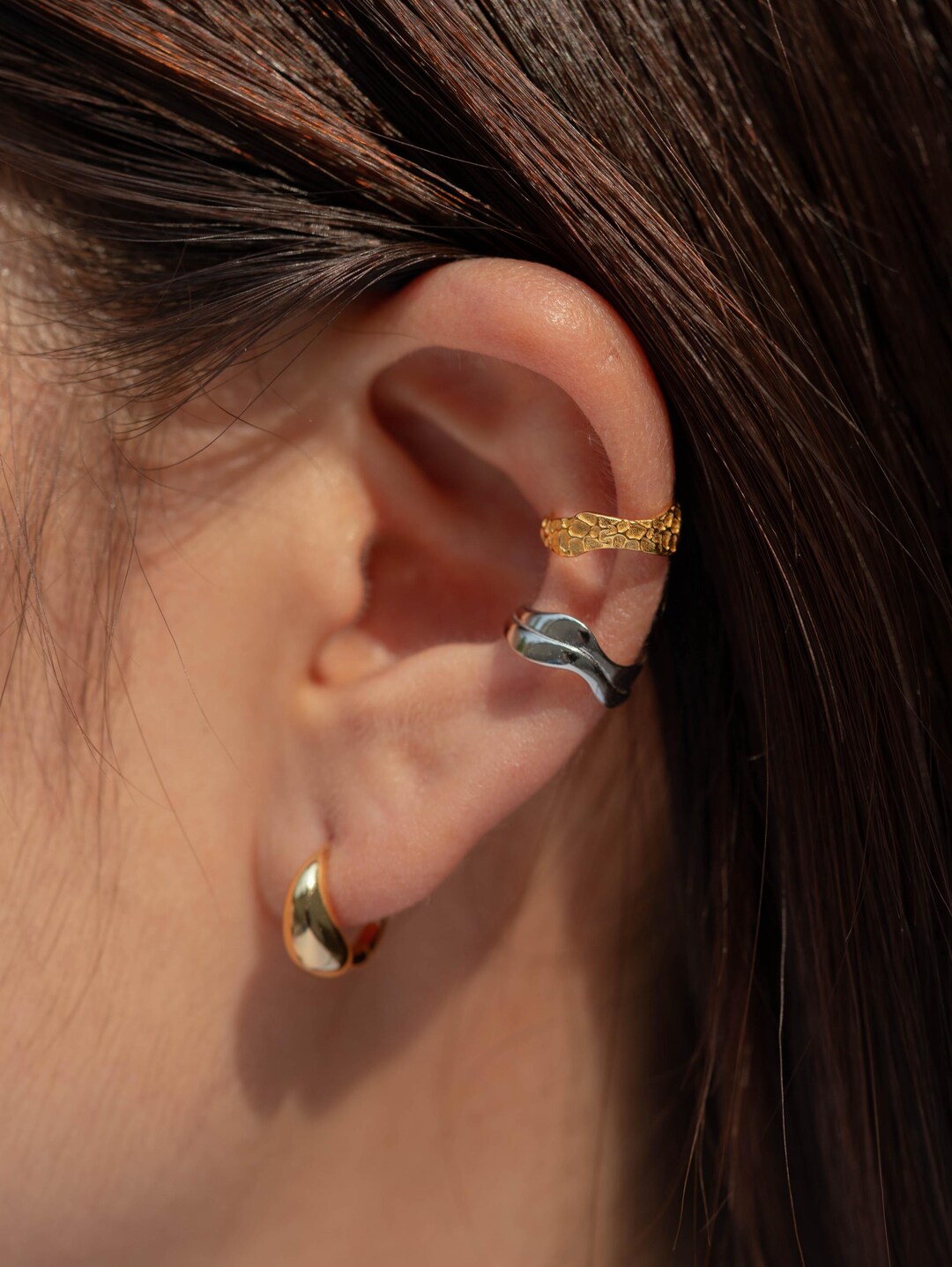 Mixed Metal Ear Cuff Set, Gold and Silver, Hammered and Smooth Textures ...