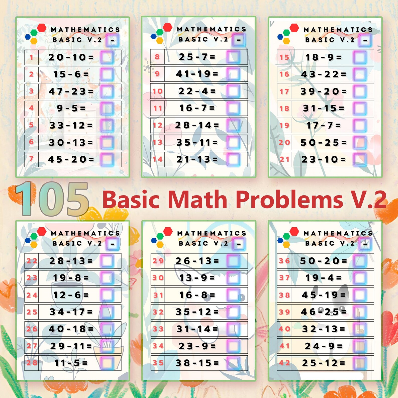 105 Basic Math Problems (-) Printable PDF for Kids (kindergarten to ...