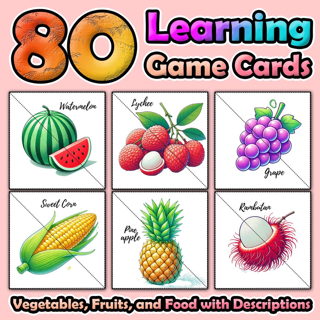 80 Learning Game Cards for Kids: Vegetables, Fruits, and Food With ...