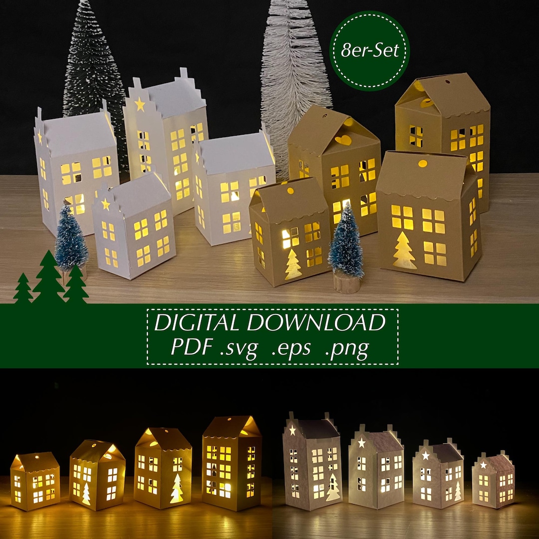 Papier Winterdorf SVG Vorlage Plotterdatei Lichthaus Weihnachten diy Adventskalender basteln ...