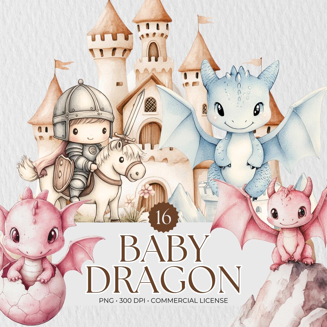 Baby Dragon Watercolor Clipart Set: Nursery Art (PNG) - Etsy