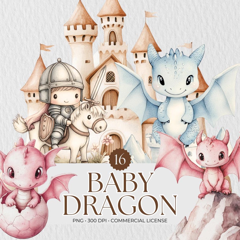 Baby Dragon Nursery Art | Dragon and Knights Watercolor Clipart Set ...